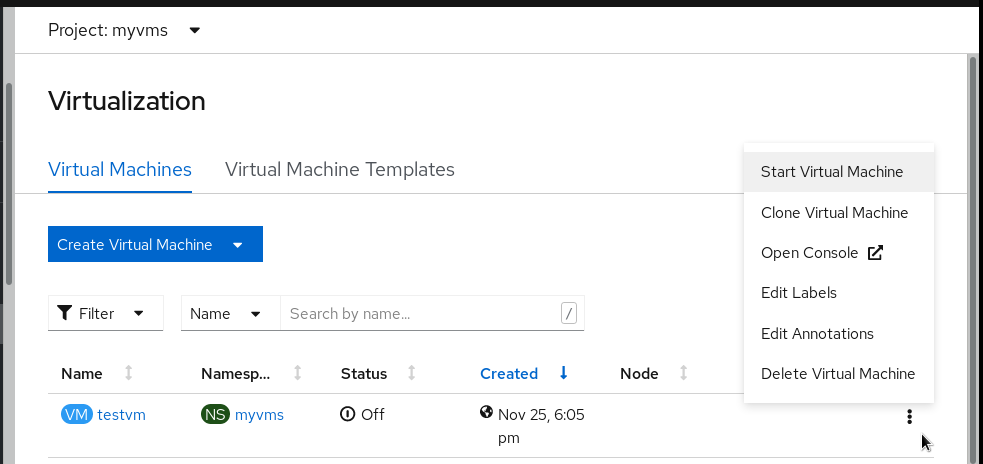 Creating a VM Using the OpenShift Web Console